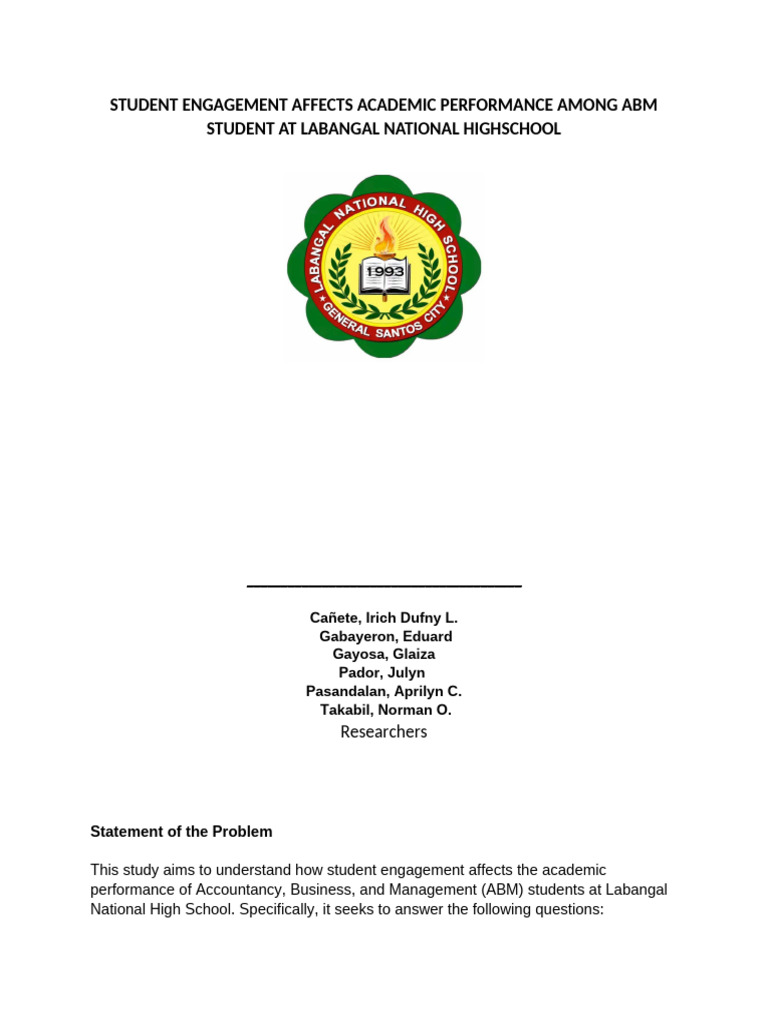Student Engagement Affects Academic Performance Among Abm Student at Labangal National ...