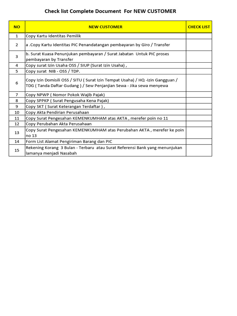 Checklist Dokumen Pelanggan Baru | PDF