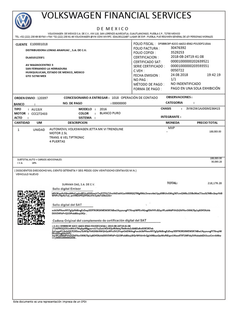 Factura de Leasing Volkswagen | PDF | Industria automotriz ...