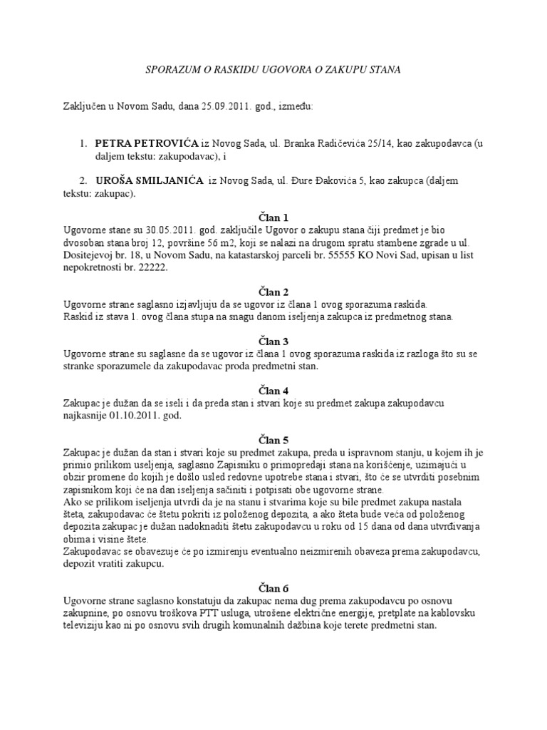 Sporazum o Raskidu Ugovora o Zakupu Stana | PDF