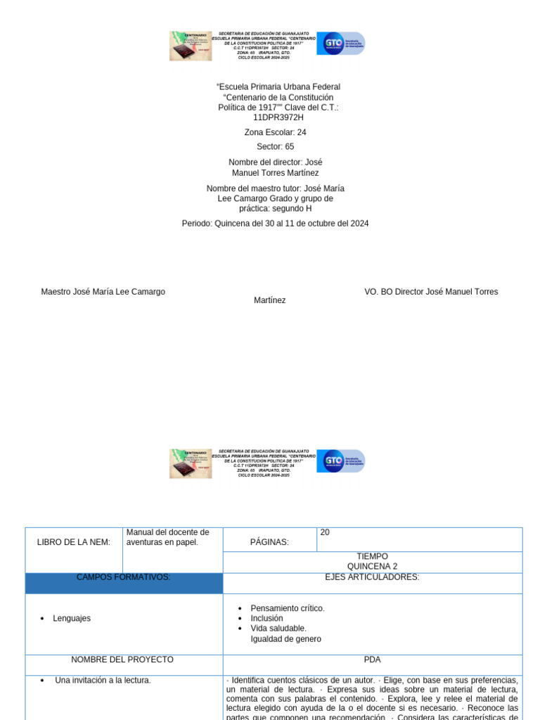 Planeacion Quincena 2 Segundo H Anexo Aventuras | PDF | Escritura ...