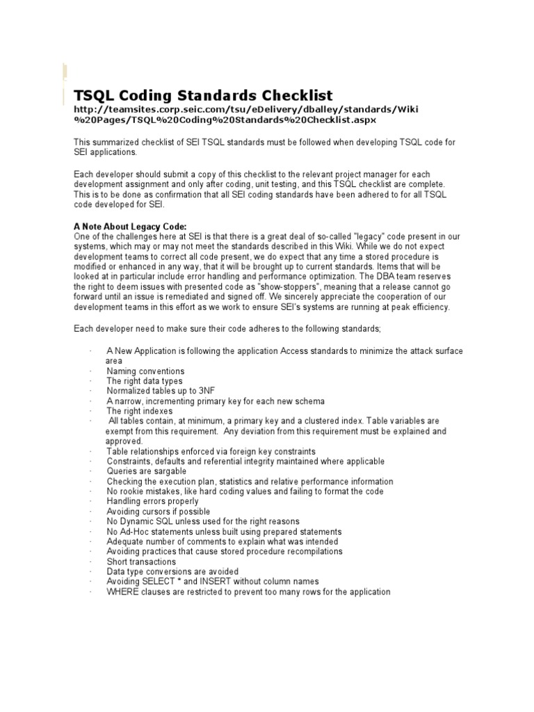Tsql Coding Standards Checklist Pdf Database Transaction Database