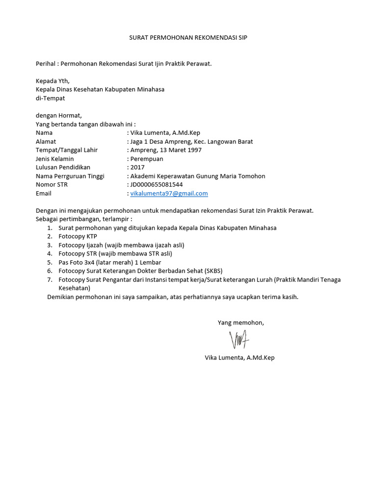 Surat Permohonan Rekomendasi Sip Vika Lumenta, A.md - Kep | PDF