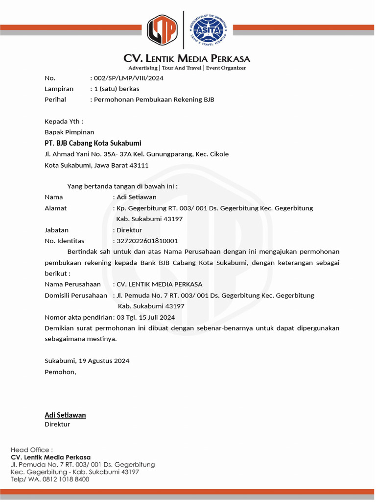 Surat Pembukaan Rekening BJB | PDF