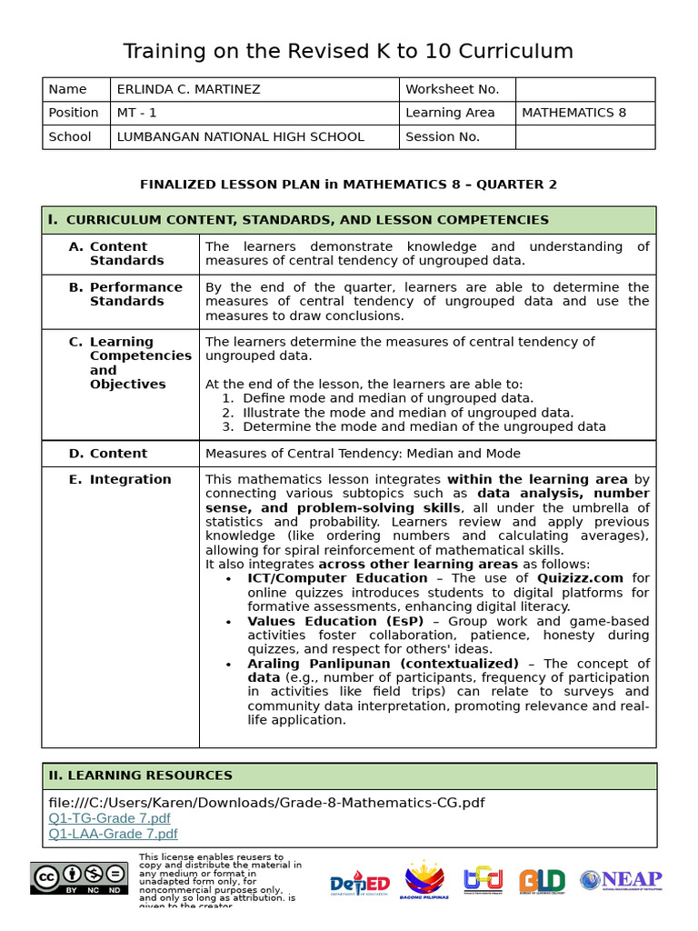 Lesson Plan: Measures of Central Tendency | PDF | Teachers | Mode ...