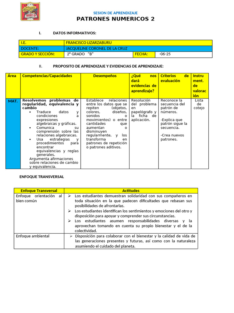 Patrones Numéricos en Matemáticas 2° B | PDF | Aprendizaje | Evaluación