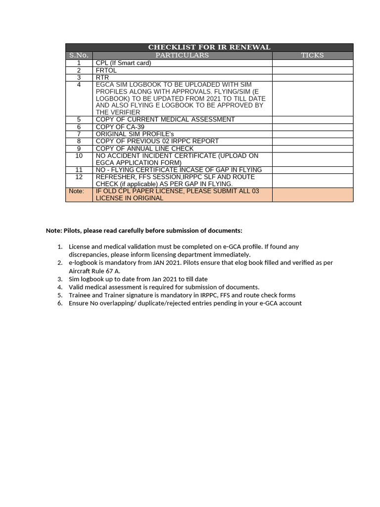 IR Renewal Checklist for Pilots | PDF