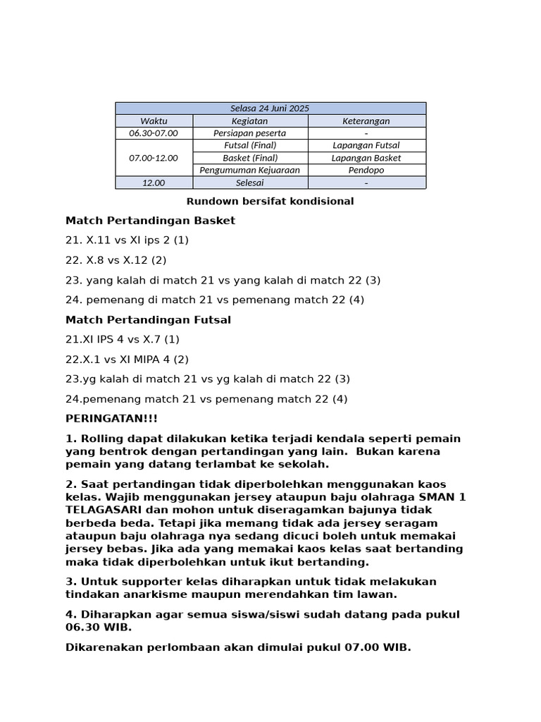 Jadwal Pertandingan Basket dan Futsal | PDF