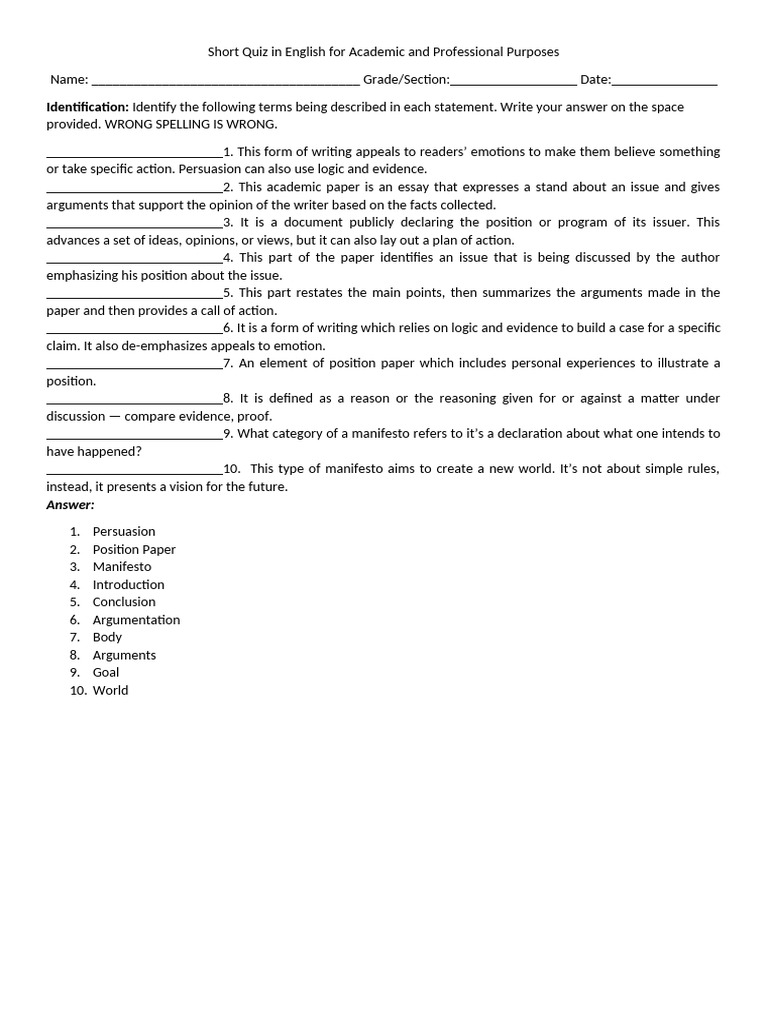 Short Quiz in EAPP 2ND QUARTER 1st Quiz | PDF