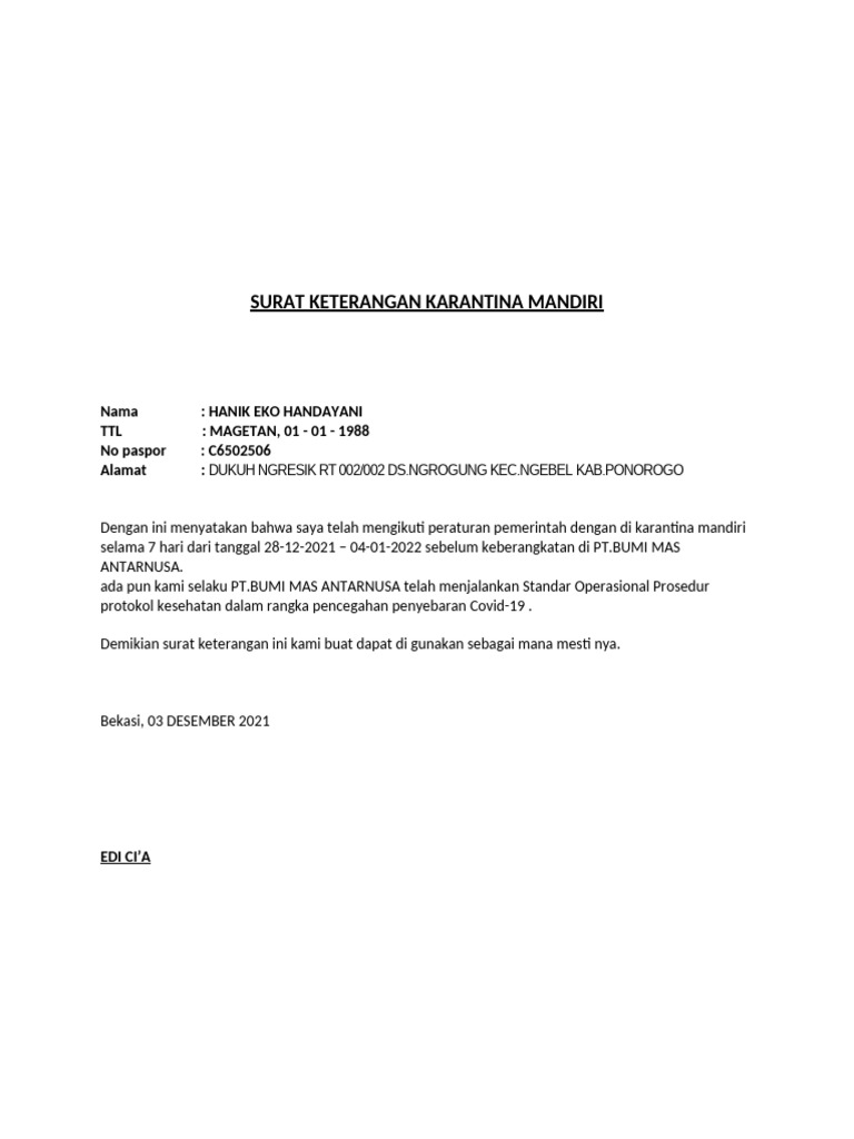 Pernyataan Karantina | PDF