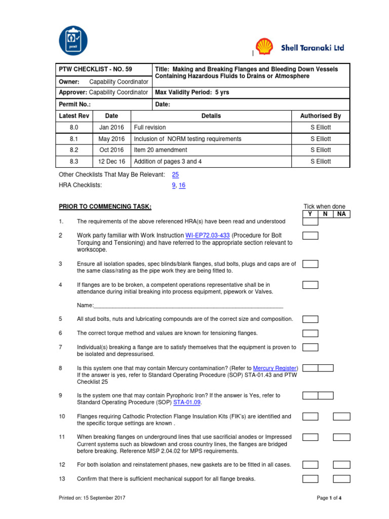 Checklist 59 Making and Breaking Flanges and Bleeding Down Vessels | PDF