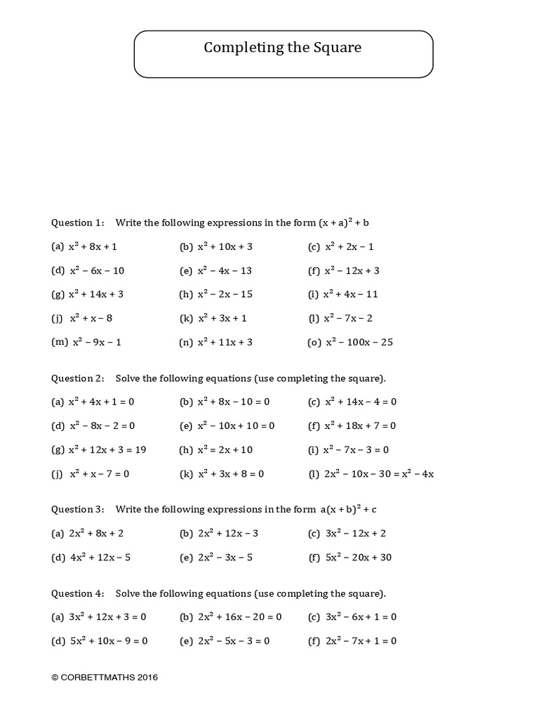 Quadratic Equations by Completing the Square 01 | PDF