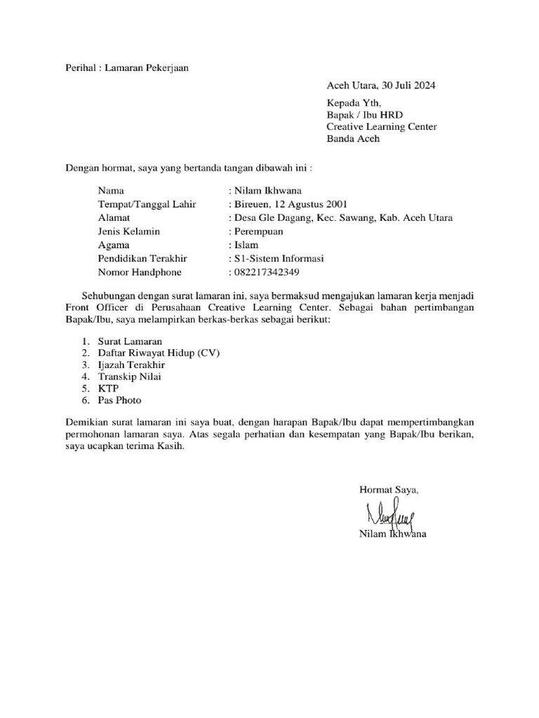Surat Lamaran Nilam Ikhwana-Front Office | PDF