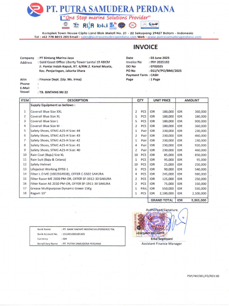 INV-2025102 TB BINTANG MJ 22 - Supply Wearpack, Safety Shoes, Jas Hujan, Etc | PDF
