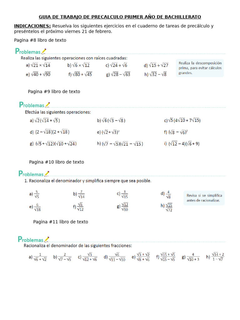 Guia de Trabajo de Precalculo Primer Año de Bachillerato | PDF