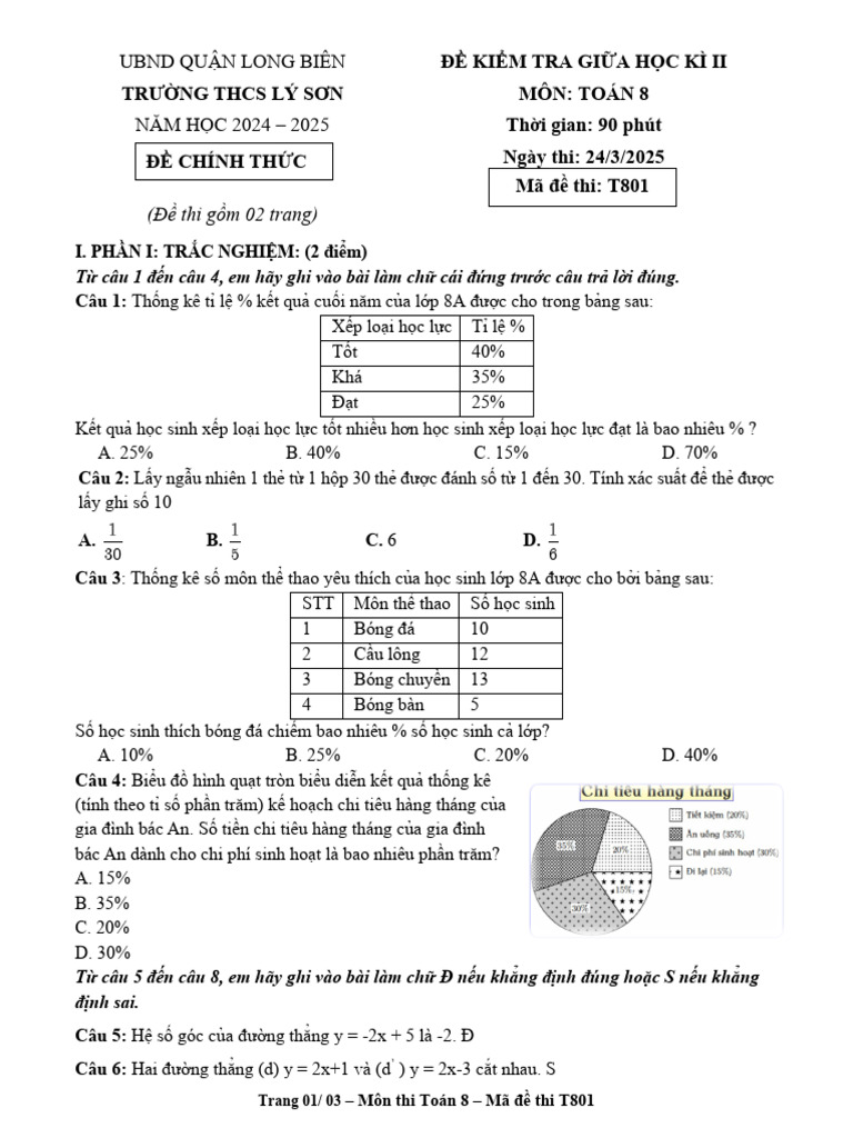 De Giua Hoc Ki 2 Toan 8 Nam 2024 2025 Truong Thcs Ly Son Ha Noi | PDF