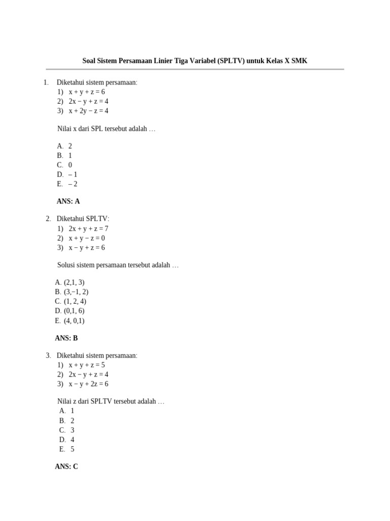 Soal Sistem Persamaan Linier Tiga Variabel (SPLTV) Untuk Kelas X SMK-1 | PDF