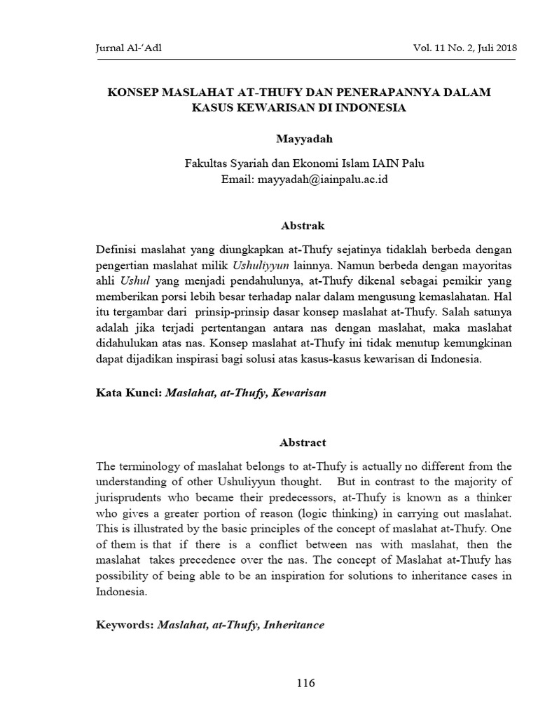 Konsep Maslahat At-Thufy Dan Penerapannya Dalam Kasus Kewarisan Di Indonesia | PDF