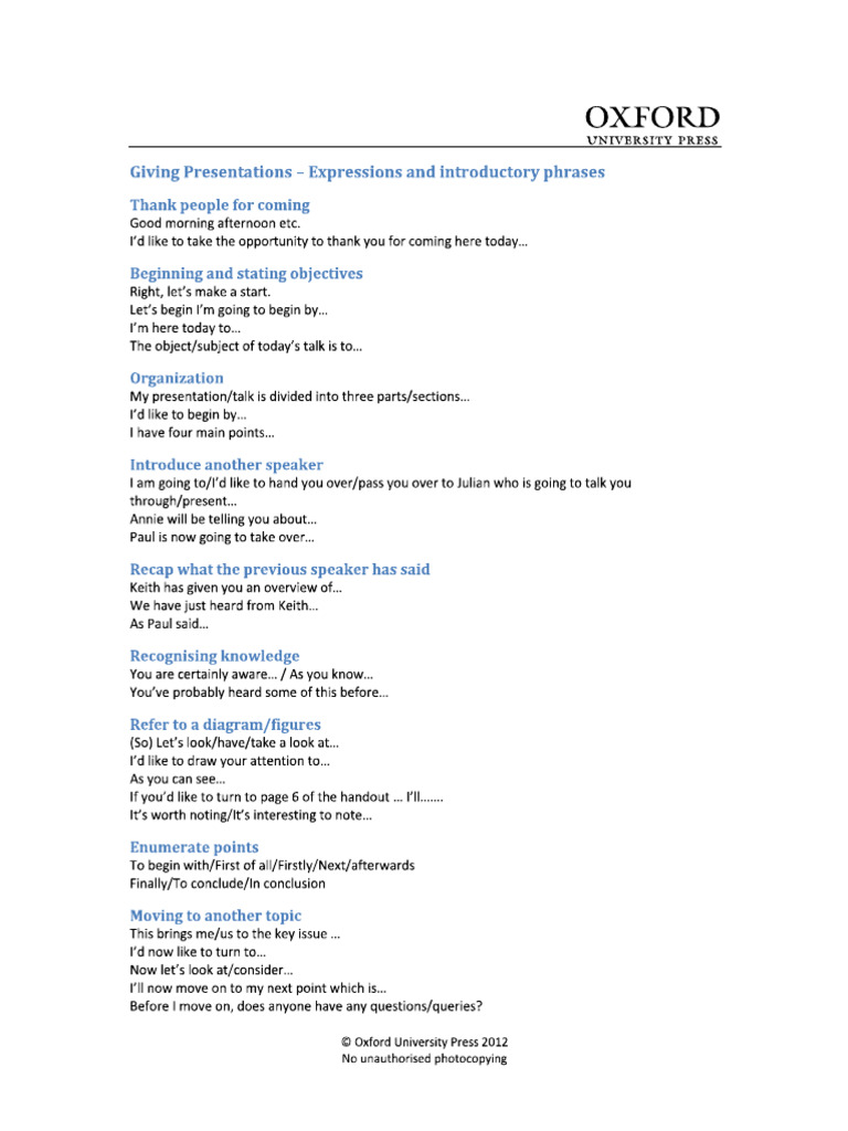 Presentations Expressions and Introductory Phrases | PDF