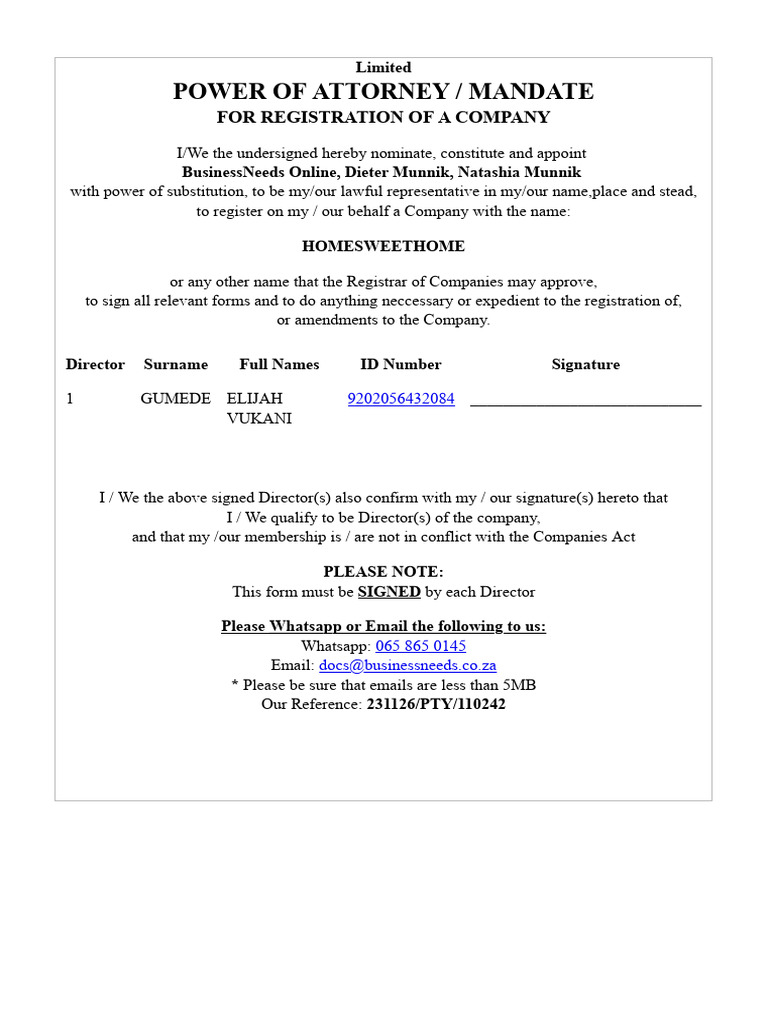 Limited Power of Attorney for Company Registration | PDF