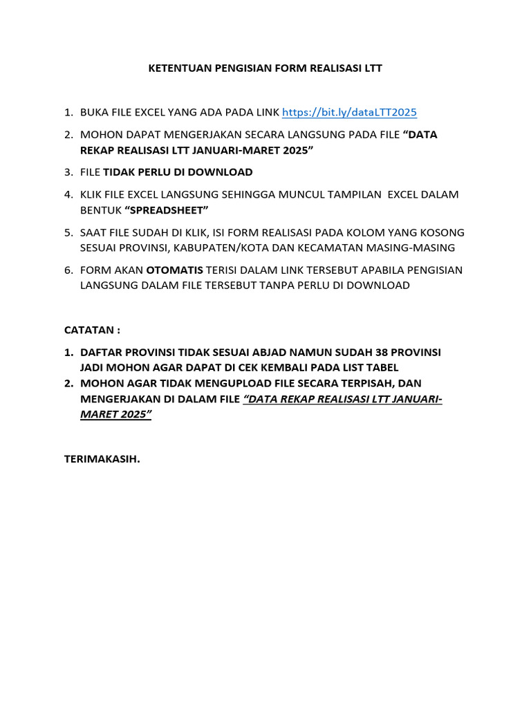 Ketentuan Pengisian Data Realisasi LTT | PDF