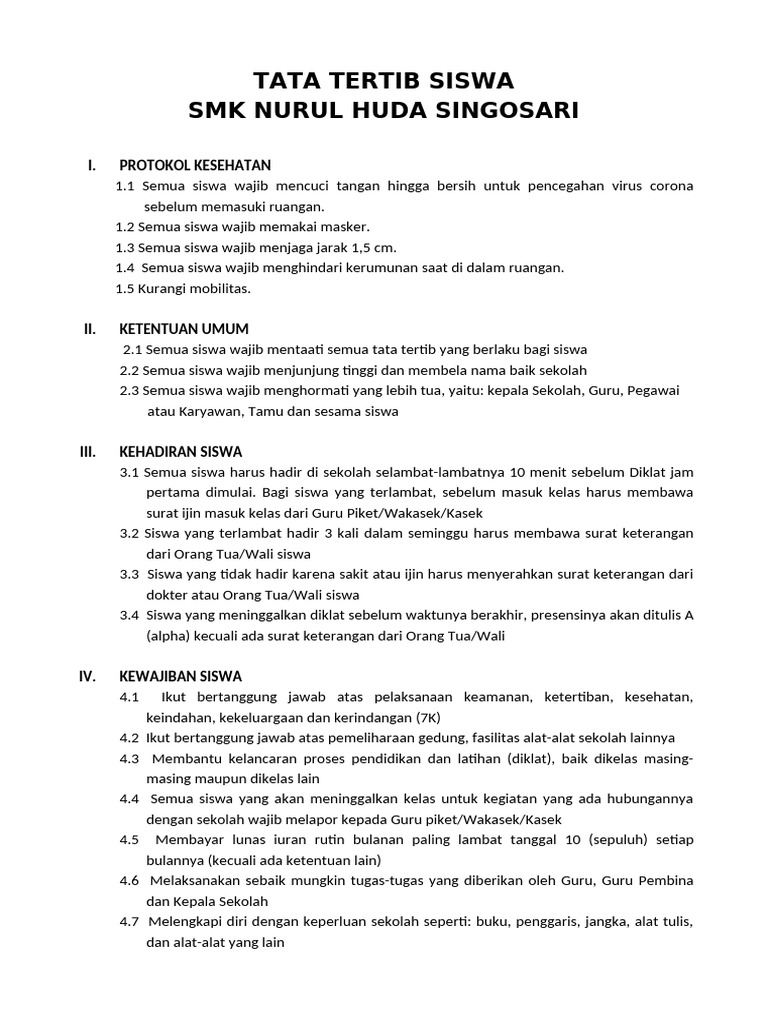 Aturan Kedatangan Siswa SMK Nurul Huda | PDF