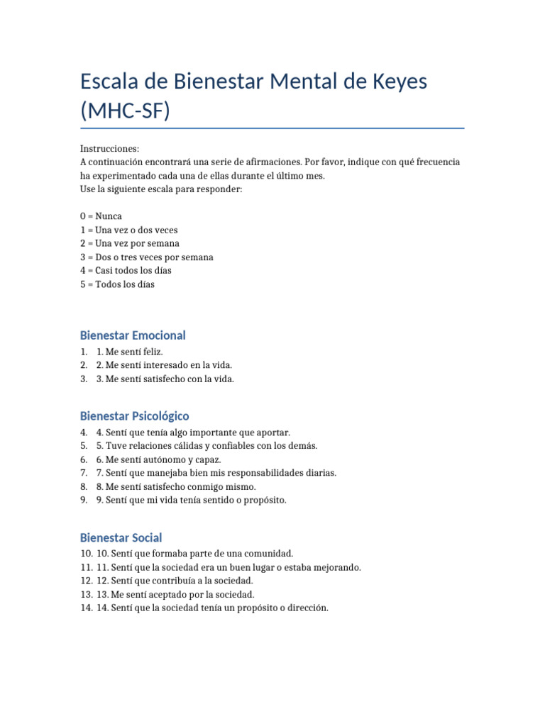 Escala Bienestar Mental Keyes MHC SF | PDF | Validez (Estadísticas ...