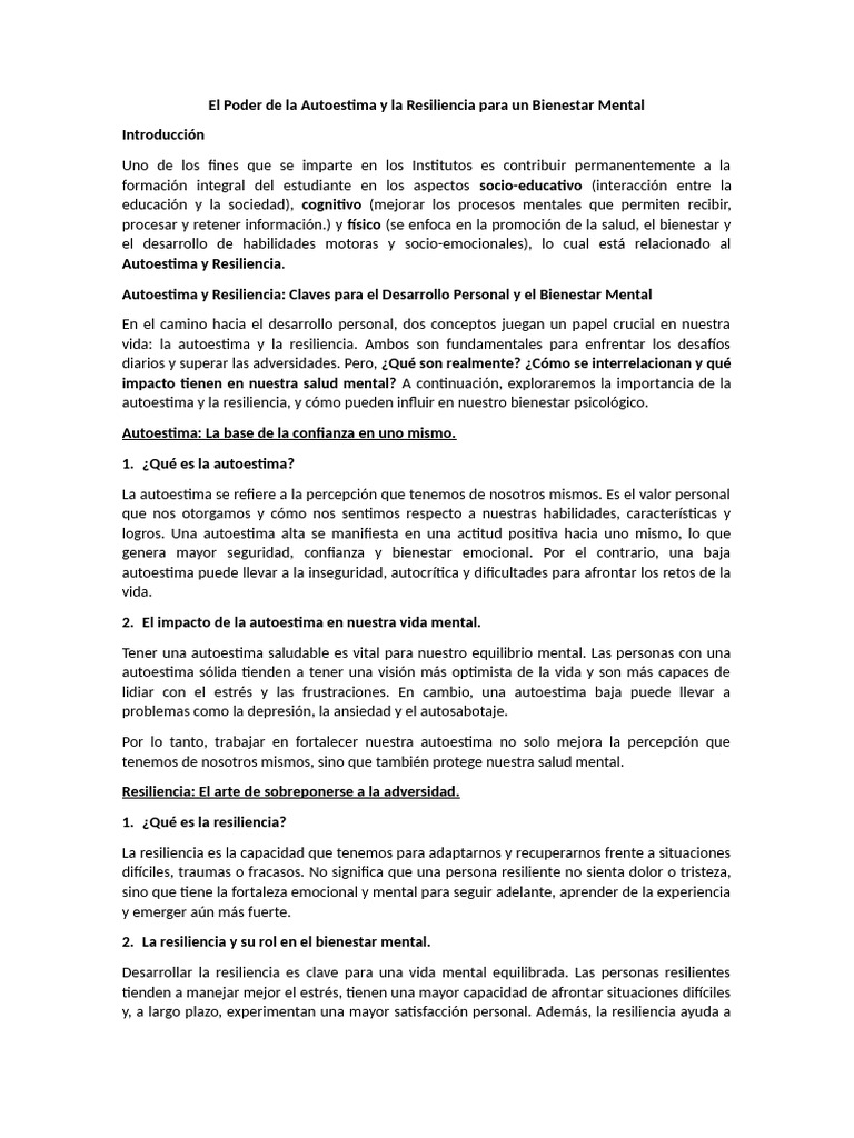 El Poder de La Autoestima y La Resiliencia para Un Bienestar Mental ...