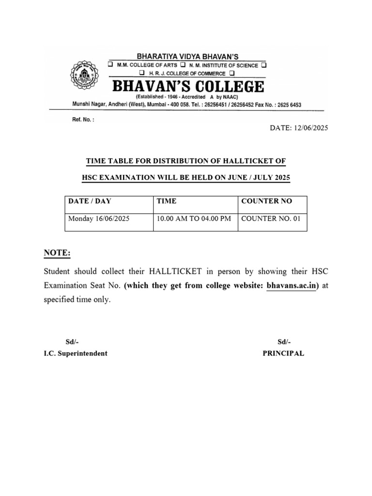 Hall Ticket Distribution Notice of HSC Examination June July 2025 | PDF
