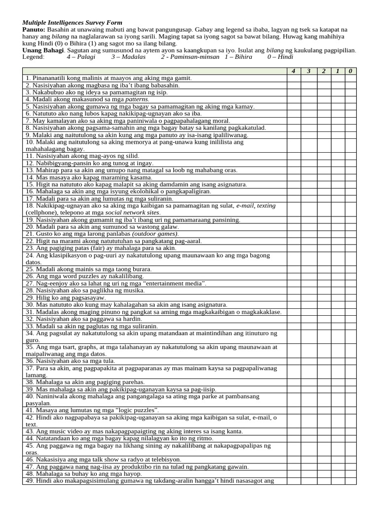 Multiple-Intelligences Survey Form | PDF