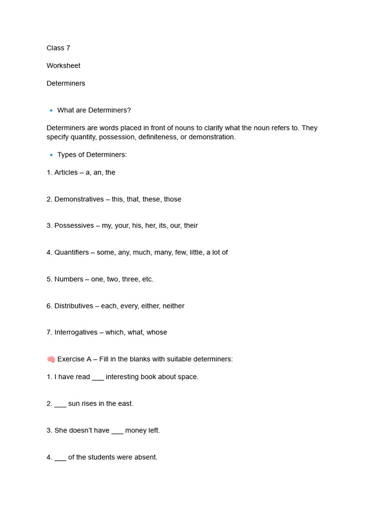 Determiners Worksheet | PDF