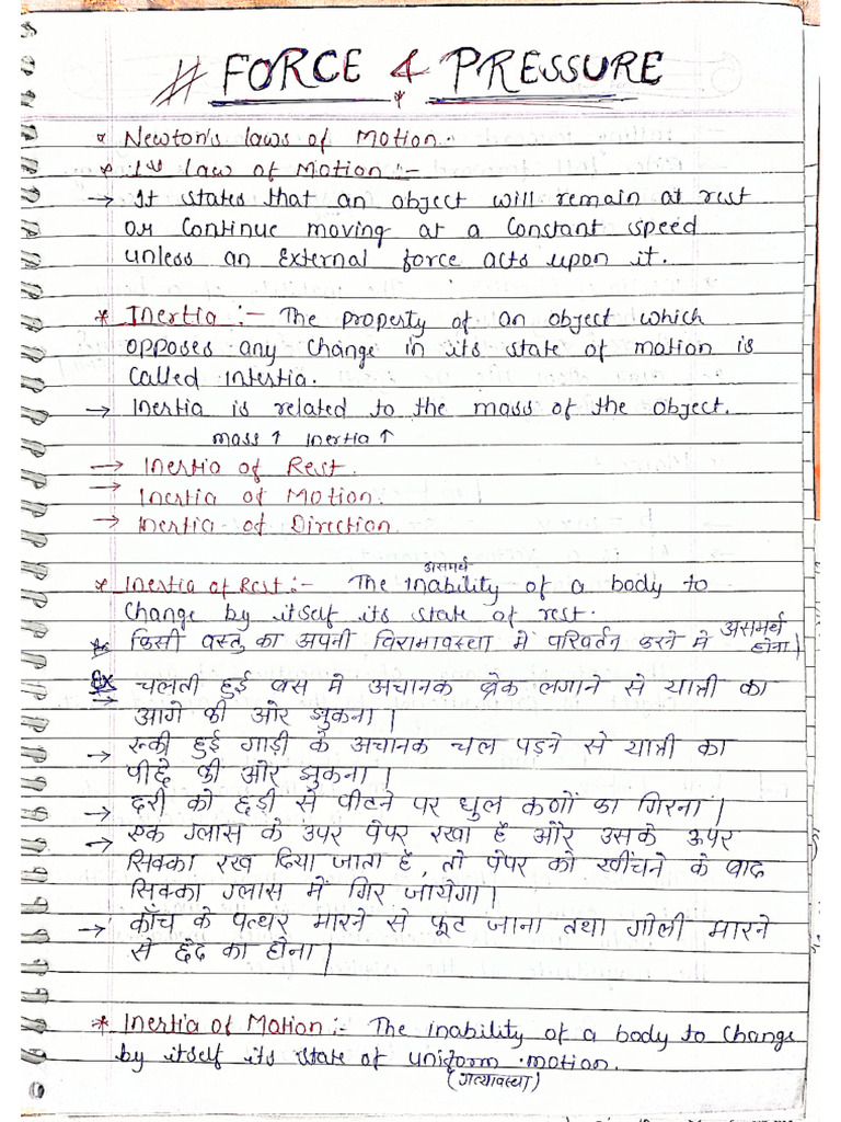 306 Forece & Pressure Handwritten Notes English Physics | PDF