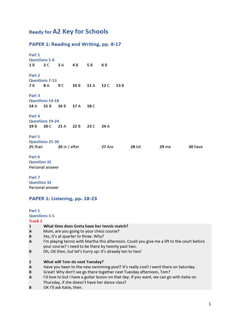 English For Schools Practice Test Keys | PDF