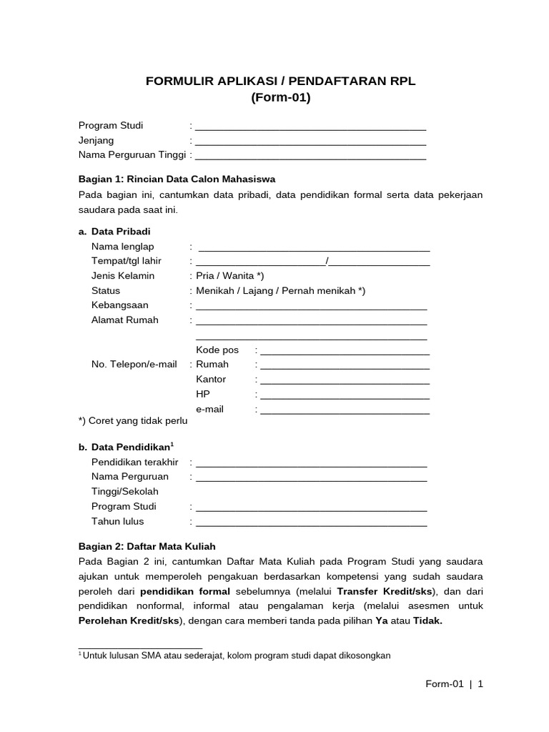 Form Aplikasi RPL Tipe A | PDF