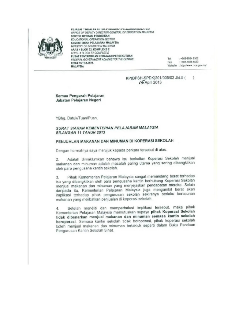 Surat Siaran Penjualan Makanan Dan Minuman Di Koperasi Sekolah | PDF
