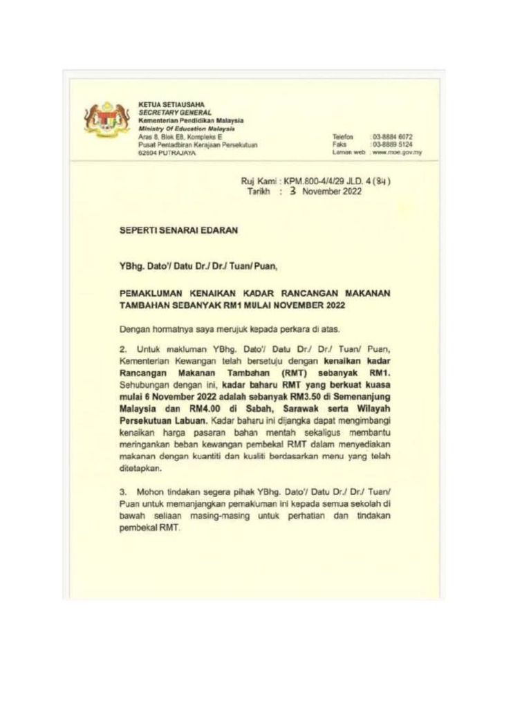 Surat Siaran Kenaikan Kadar RMT 3 Nov 2022 | PDF
