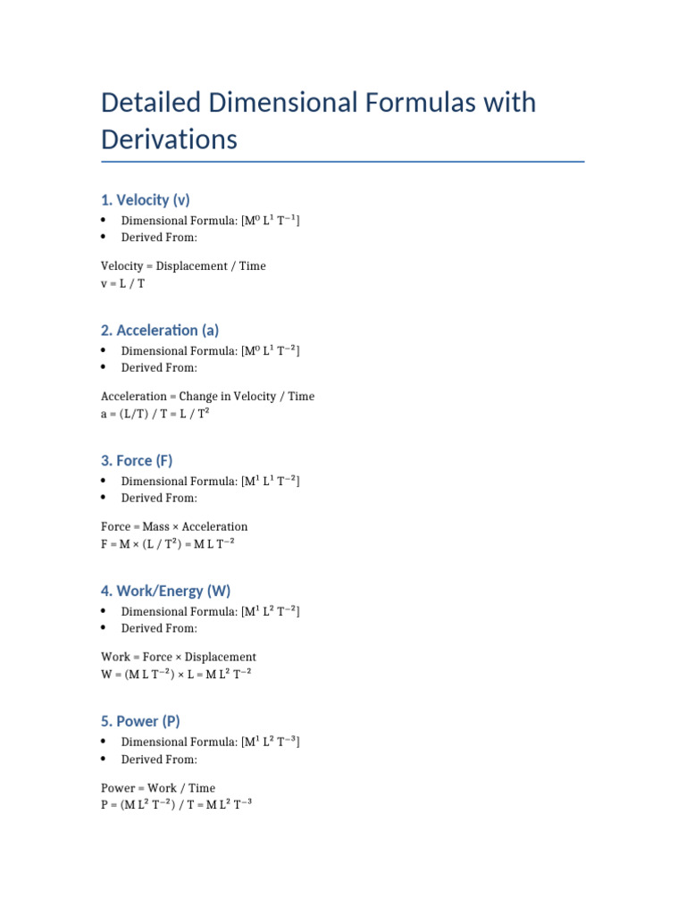 Dimensional Formulas and Derivations | PDF