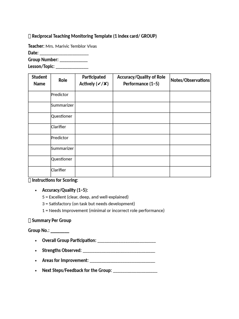 Reciprocal Teaching Monitoring Template | PDF