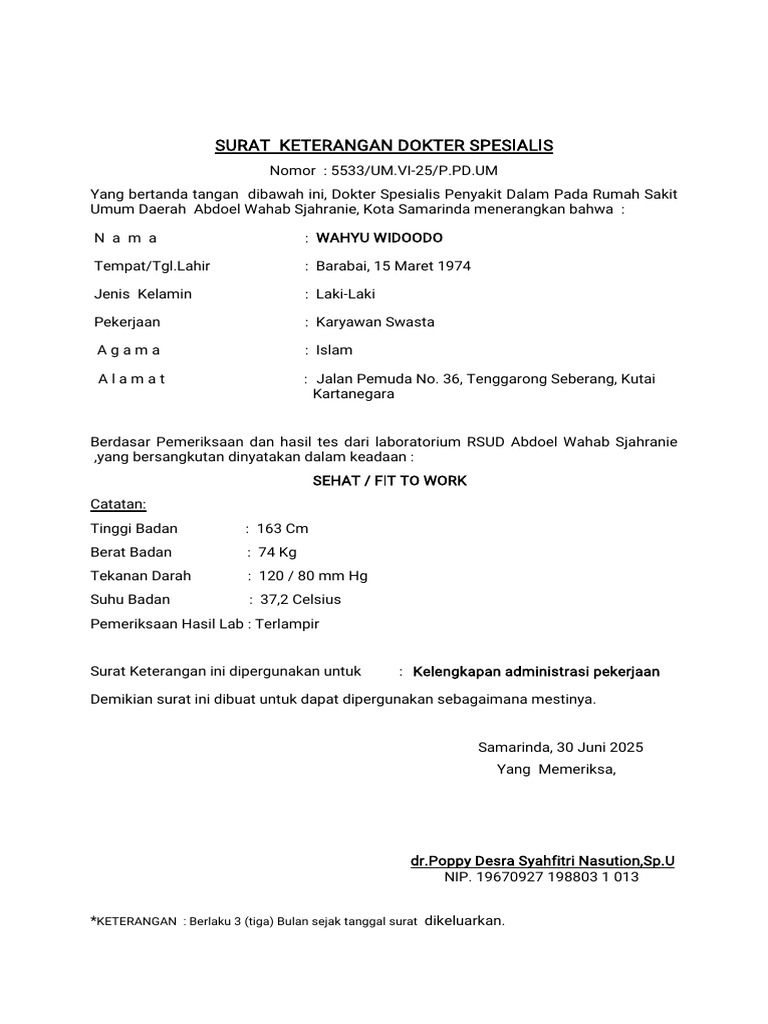 Surat Keterangan Rsud Aws - Wahyu Widodo | PDF