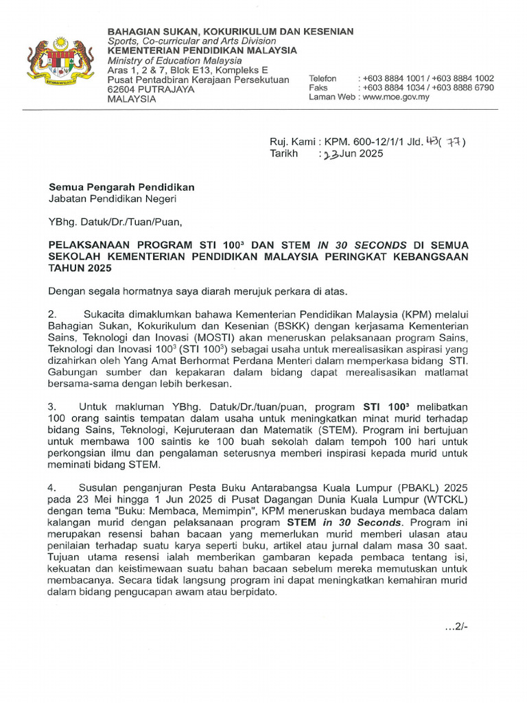 Pelaksanaan Program Sti 100â Dan Stem in 30 Seconds Di Semua Sekolah ...