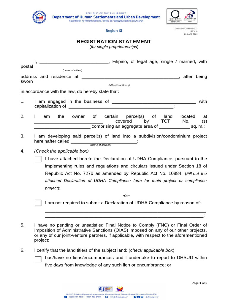 003 Sworn Registration Statement (Single Prop) - Rev0 | PDF