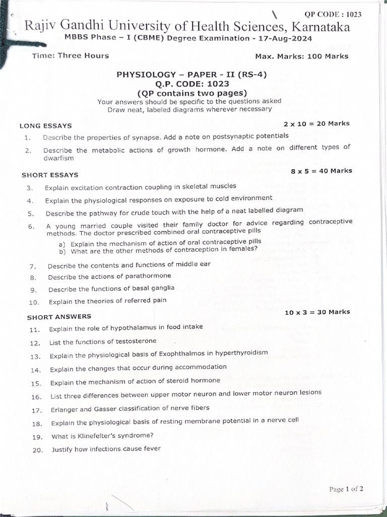 Physiology Rguhs Pyqs | PDF