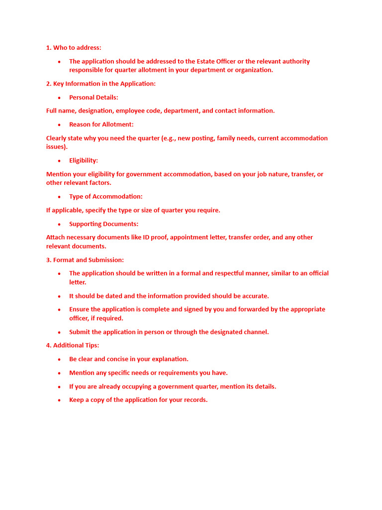Appliaction For Allotment of Govt Quater | PDF