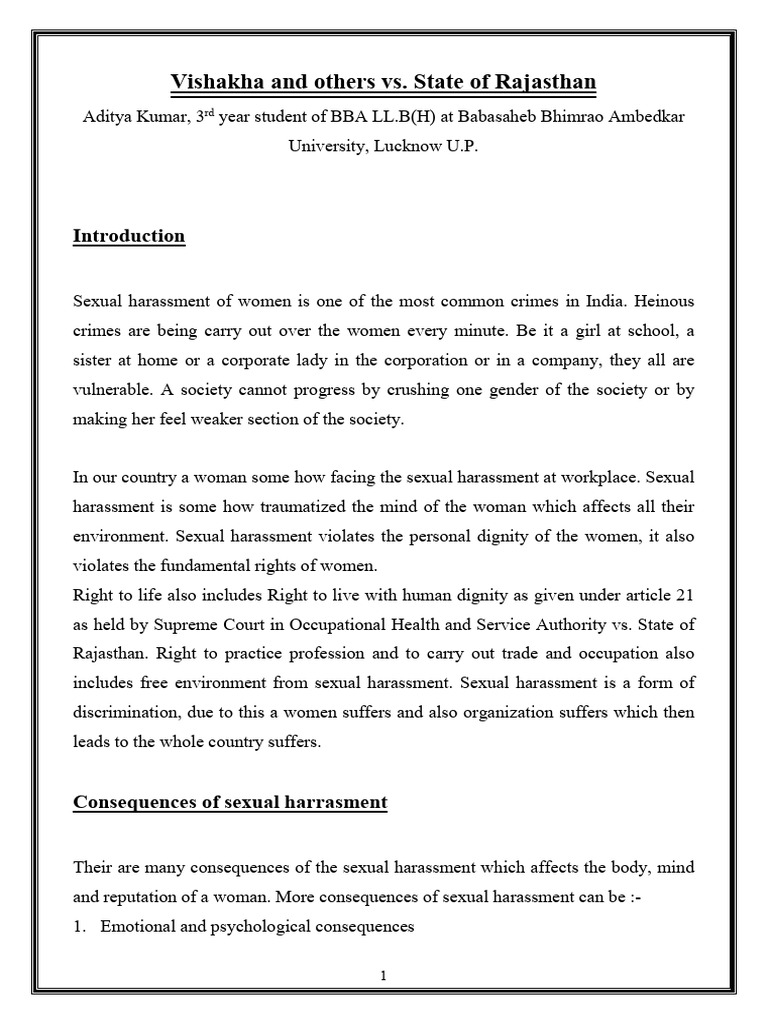 Vishakha Guidelines on Sexual Harassment | PDF | Sexual Harassment ...