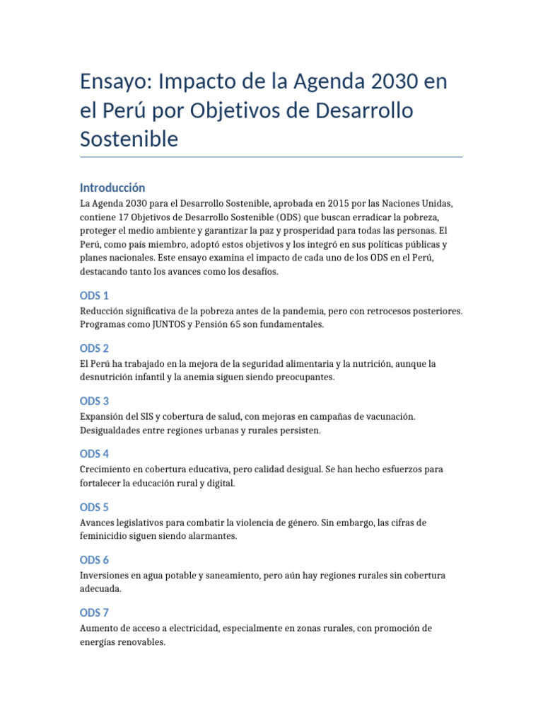 Ensayo Impacto Agenda 2030 Peru Por ODS | PDF | Sustentabilidad | Desarrollo sostenible