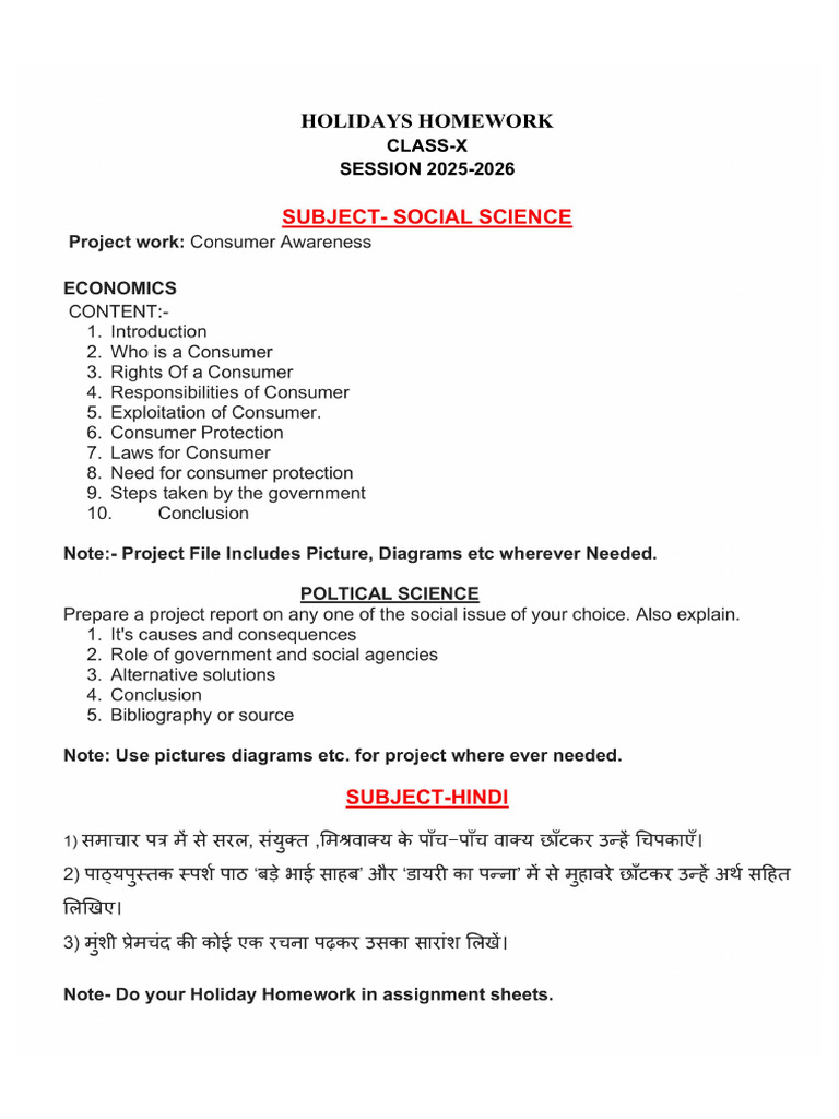 Class 10 Holidays Homework | PDF