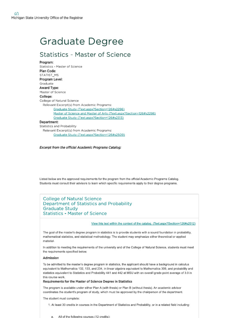 Plan Statistics M.S. MSU | PDF