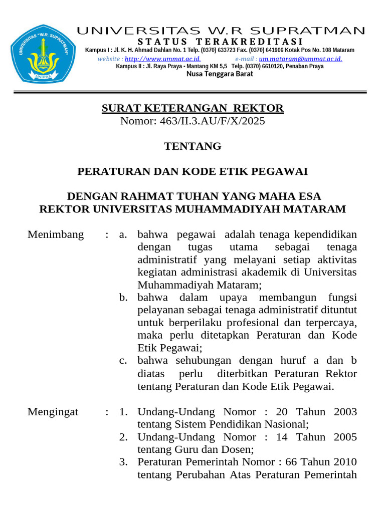 SK Peraturan Dan Kode Etik Pegawai | PDF