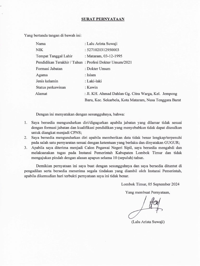 Surat Pernyataan Arista | PDF