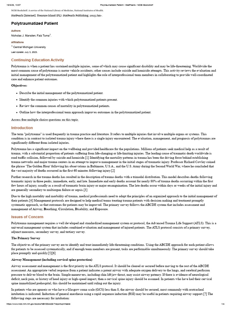 Polytraumatized Patient - StatPearls - NCBI Bookshelf | PDF | Major ...
